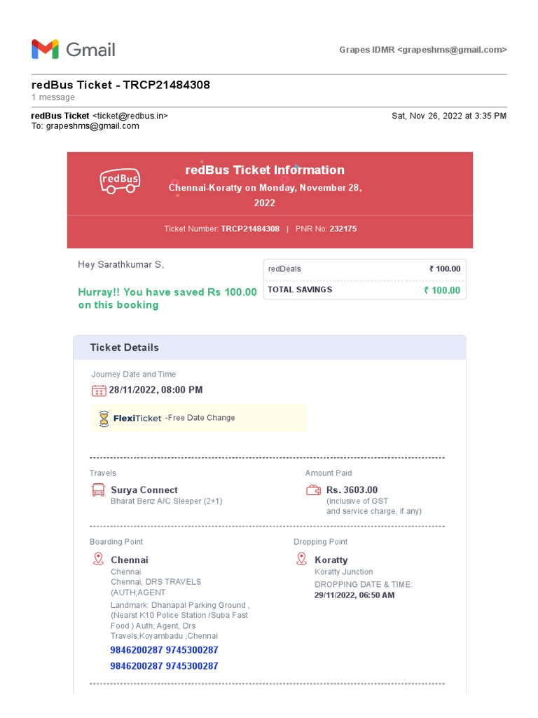 Gmail - Redbus Ticket - TRCP21484308 PDF | PDF | Bus | Ticket (Admission)