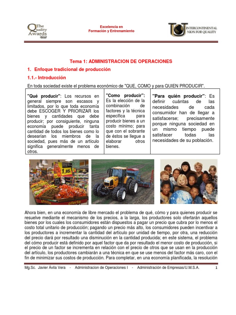 Tema 1: Administracion de Operaciones 1. Enfoque Tradicional de Producción 1.1.-Introducción ...