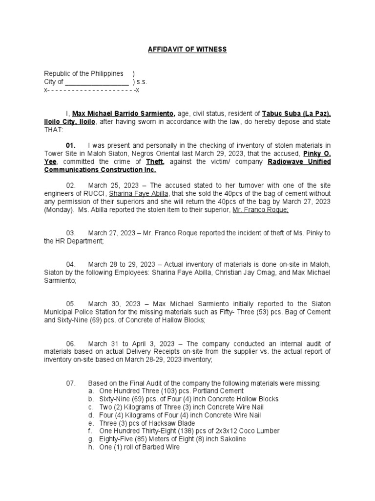 Sample of Affidavit of Witness | PDF