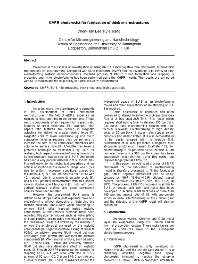 KMPR Photo Resist For Fabrication of Thick Micro Structures | PDF ...