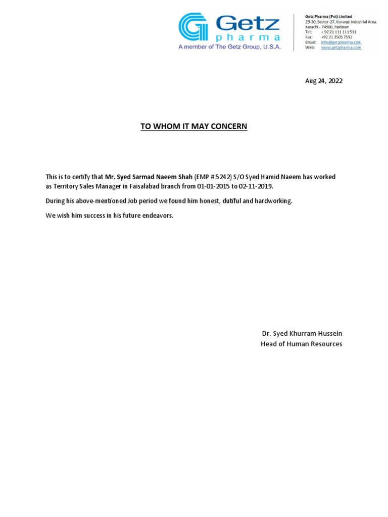 Experience Letter Getz Pharma | PDF