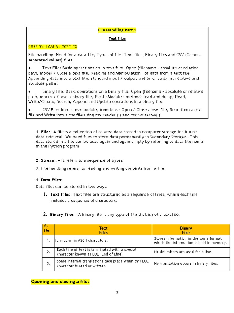 Notes File Handling Term1 2022 23 Pdf Comma Separated Values Computer File