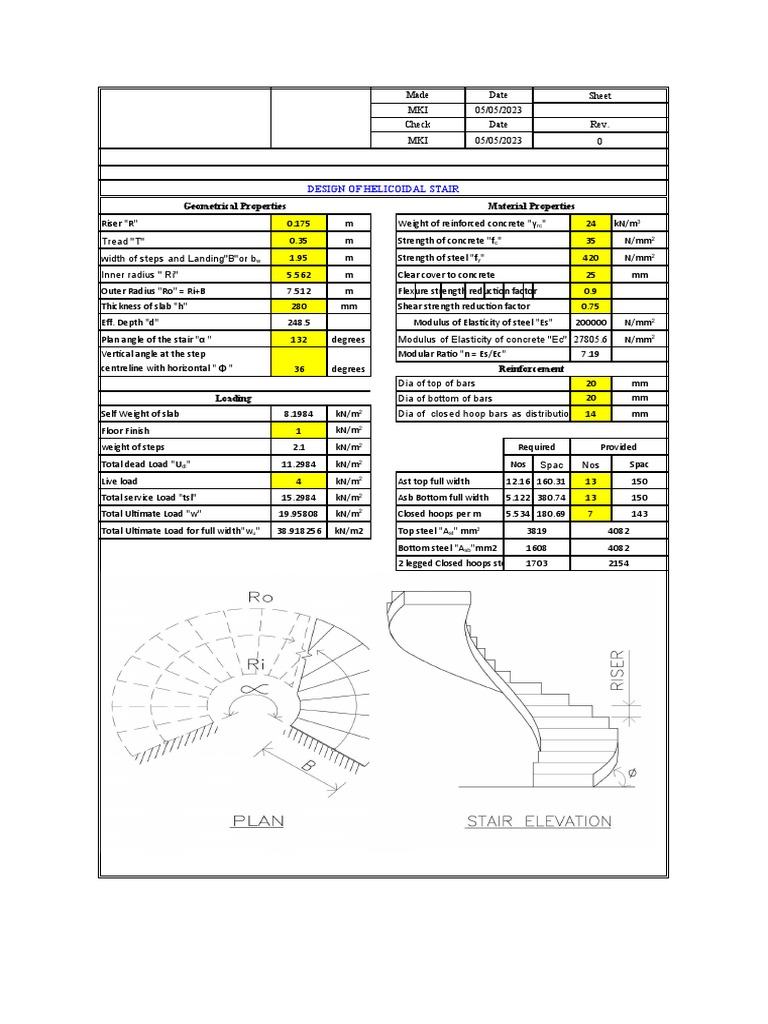 Design of Spiral Stair Excel Sheet | PDF