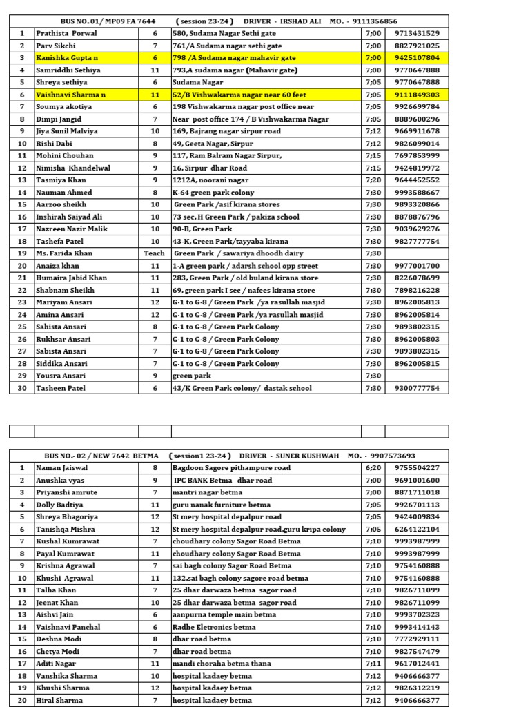 Bus List 23-24 6 To 12 PDF | PDF