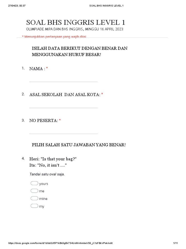 SOAL BHS INGGRIS LEVEL 1 - Google Formulir | PDF