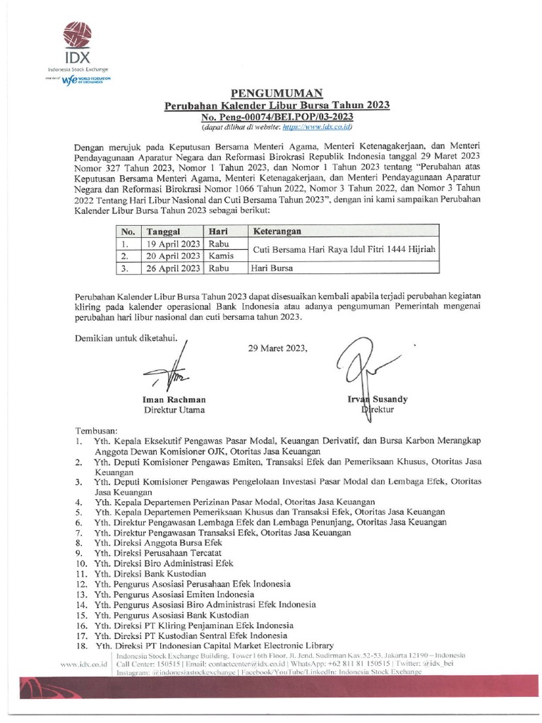 PENG-00074 - Perubahan Kalender Libur Bursa Tahun 2023 PDF | PDF