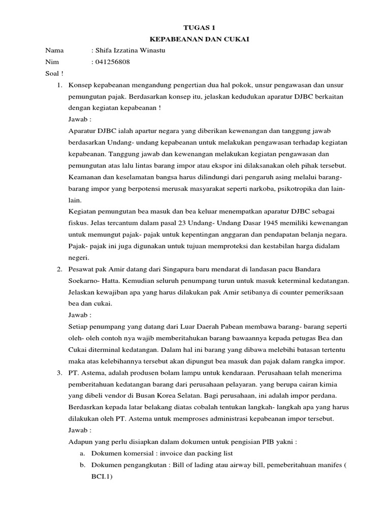 TUGAS 1 Kepabeanan Dan Cukai | PDF | Pengelolaan Keuangan & Uang | Hukum