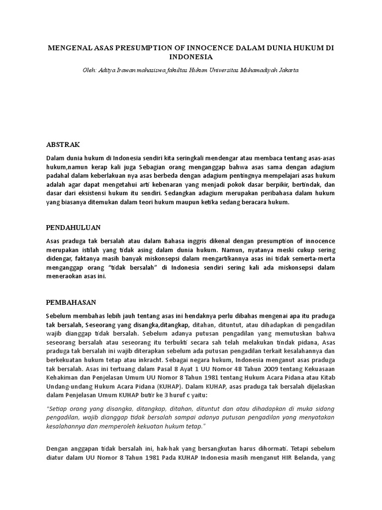 Mengenal Asas Presumption of Innocence Dalam Dunia Hukum Di Indonesia | PDF