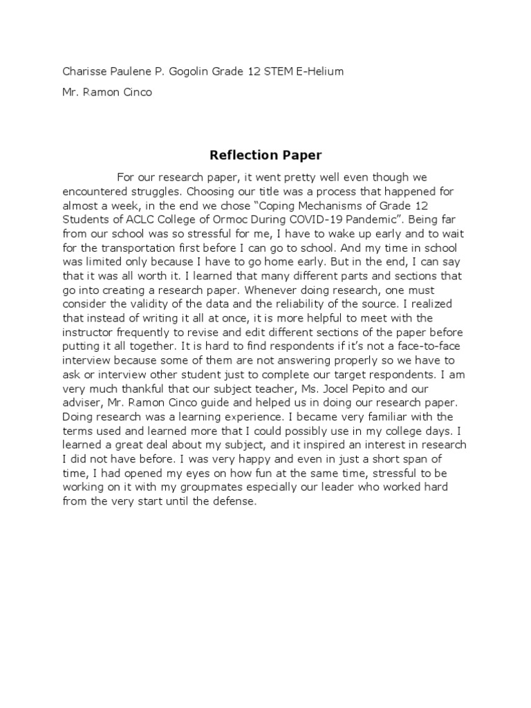Reflection Paper For Research | PDF | Wellness