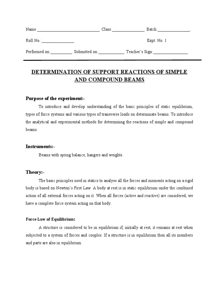 Practical No 1 Reaction Of Beam Pdf Science And Mathematics