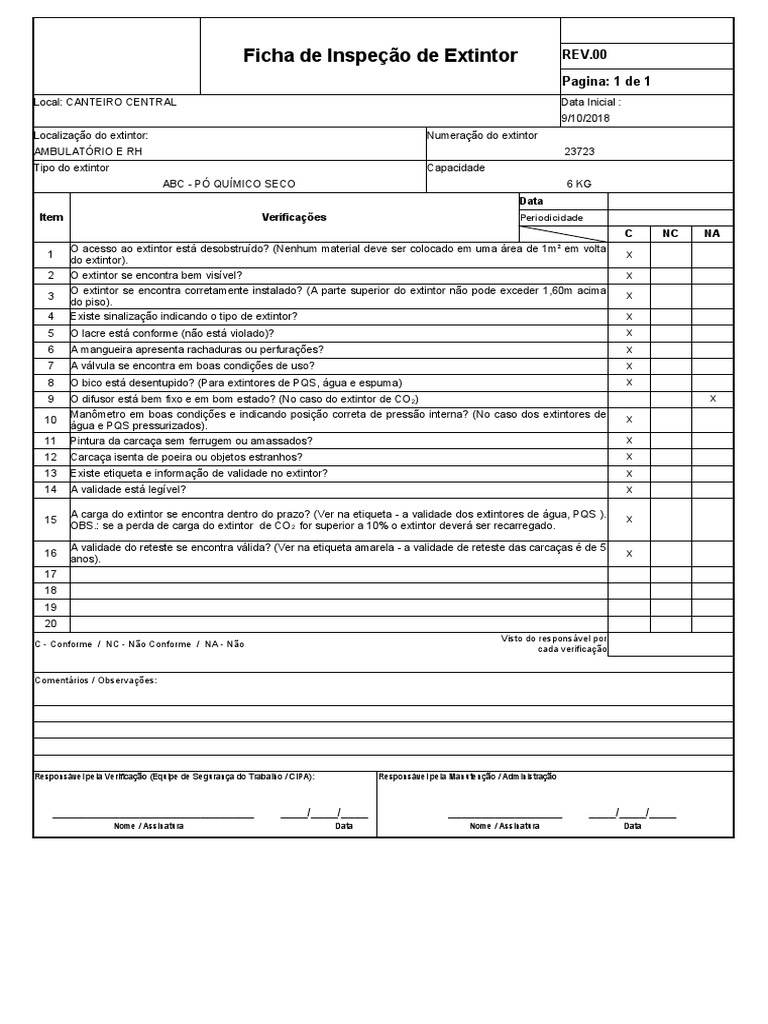 FICHA DE INSPEÇÃO EXTINTOR (1).xlsx | PDF