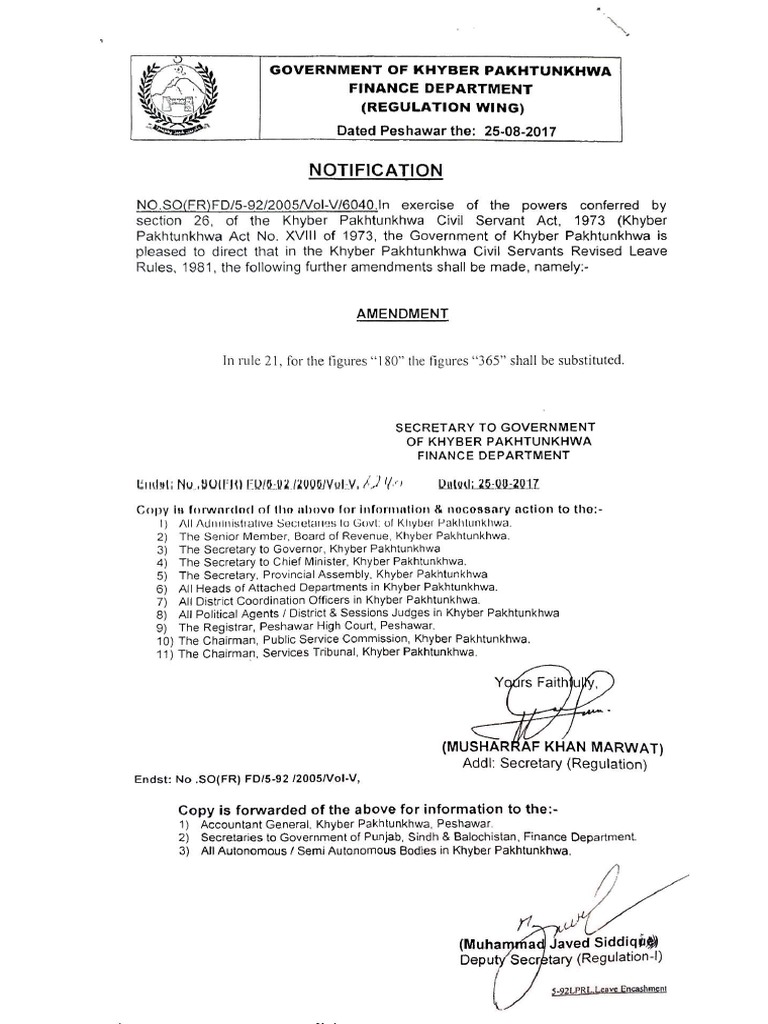 Amendments in the Khyber Pakhtunkhwa Civil Servants Revised Leave Rules, 1981 (2) | PDF