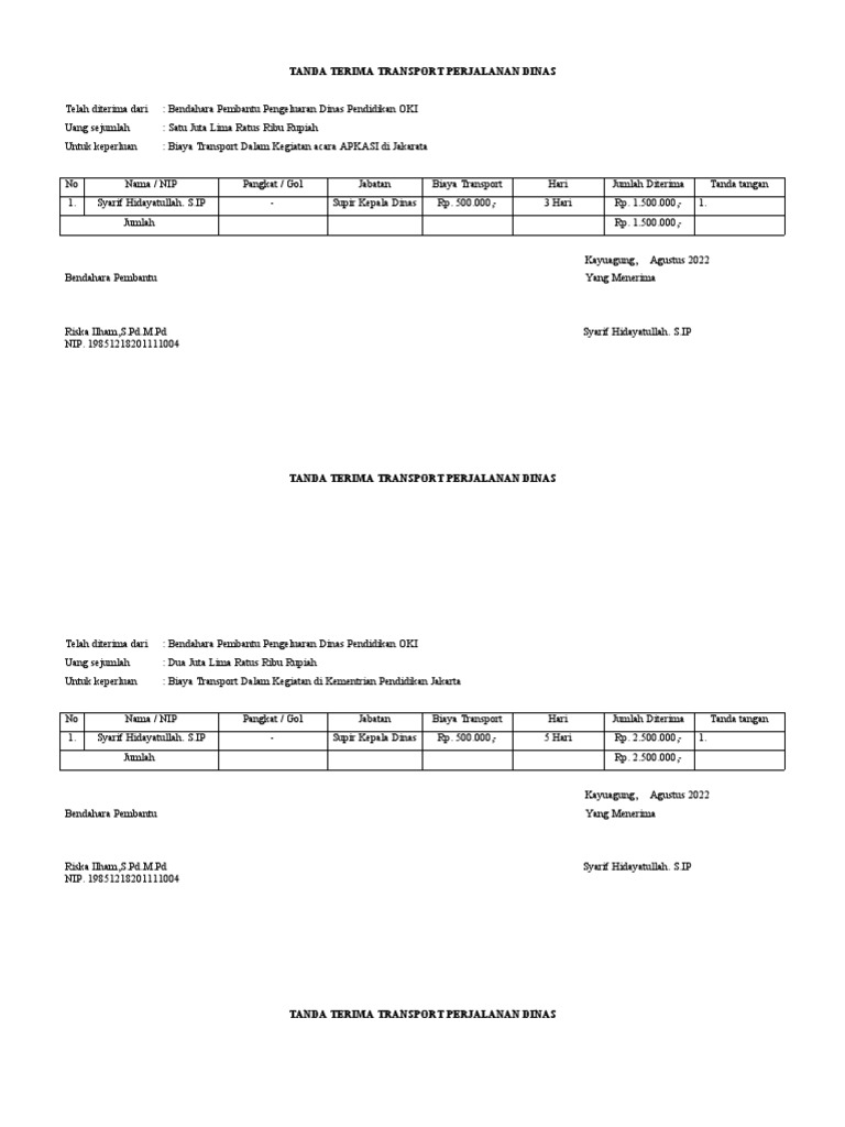 Tanda Terima Transport Perjalanan Dinas | PDF