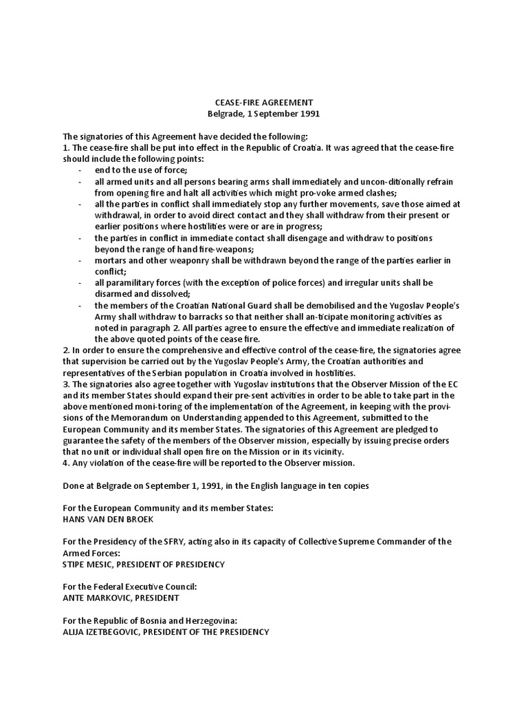 Cease-Fire Agreement (1. September 1991) | PDF | Socialist Federal ...