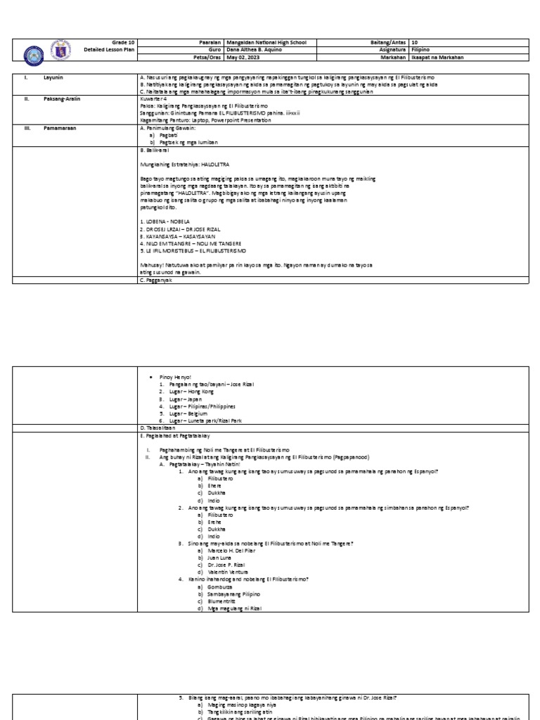 DLP KALIGIRANG PANGKASAYSAYAN NG EL FILIBUSTERISMO.docx | PDF