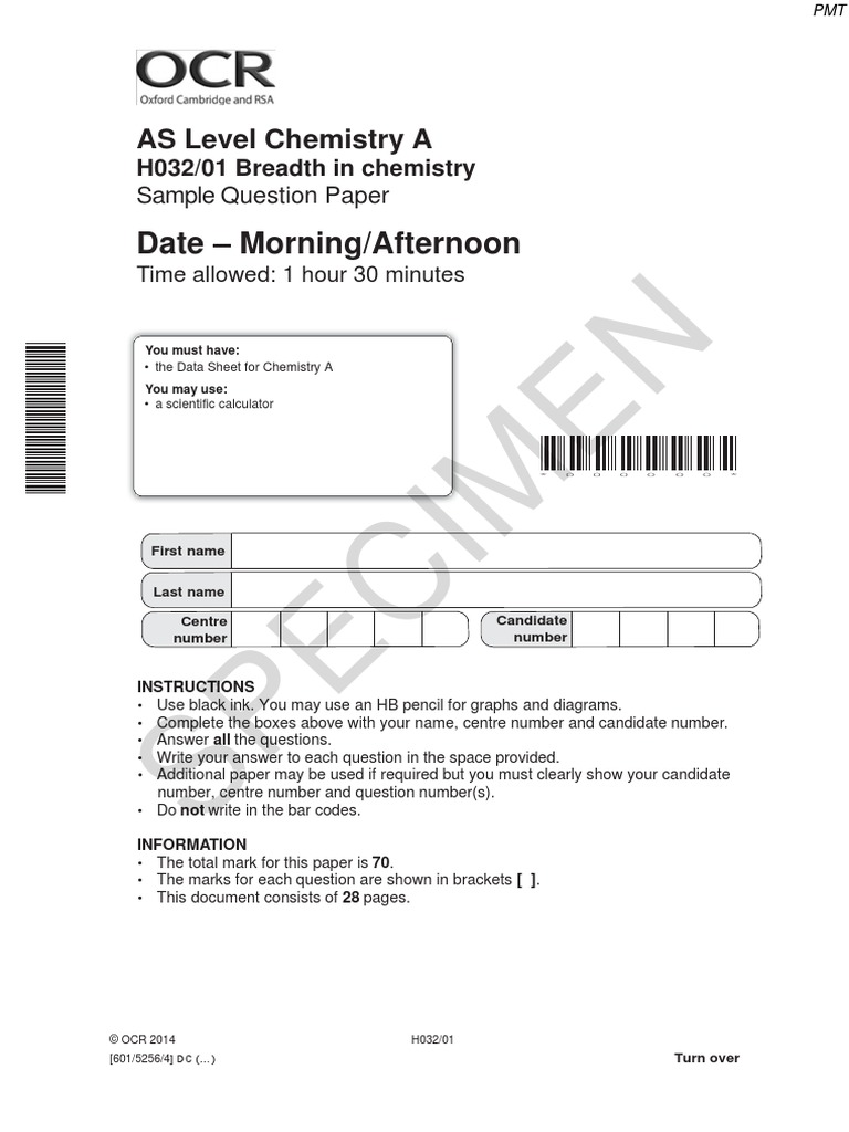 Specimen QP - Paper 1 OCR (A) Chemistry AS-Level PDF | PDF