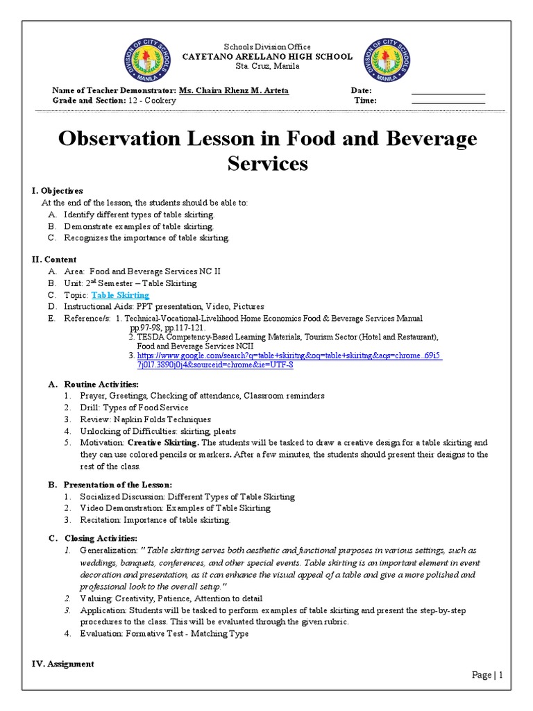 Lesson Plan in Table Skirting | PDF