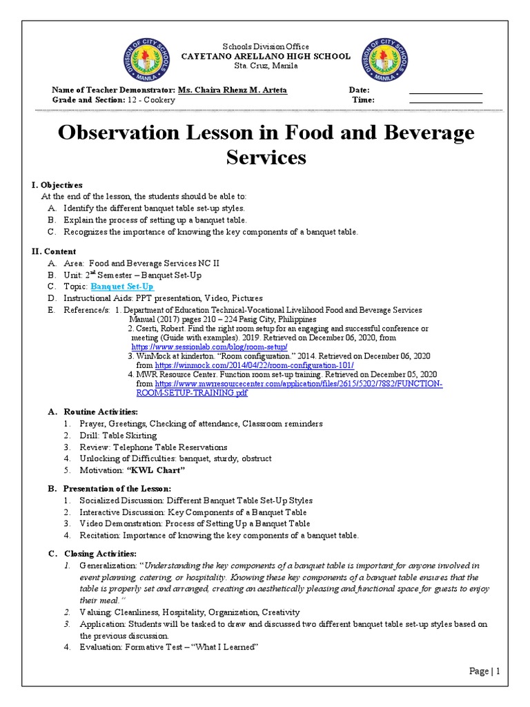Lesson Plan in Banquet Set-Up | PDF