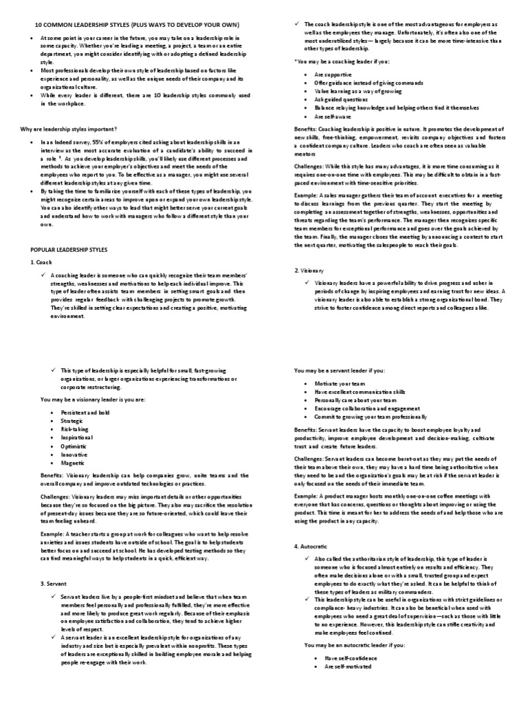 10 Common Leadership Styles - Notes | PDF | Leadership | Goal