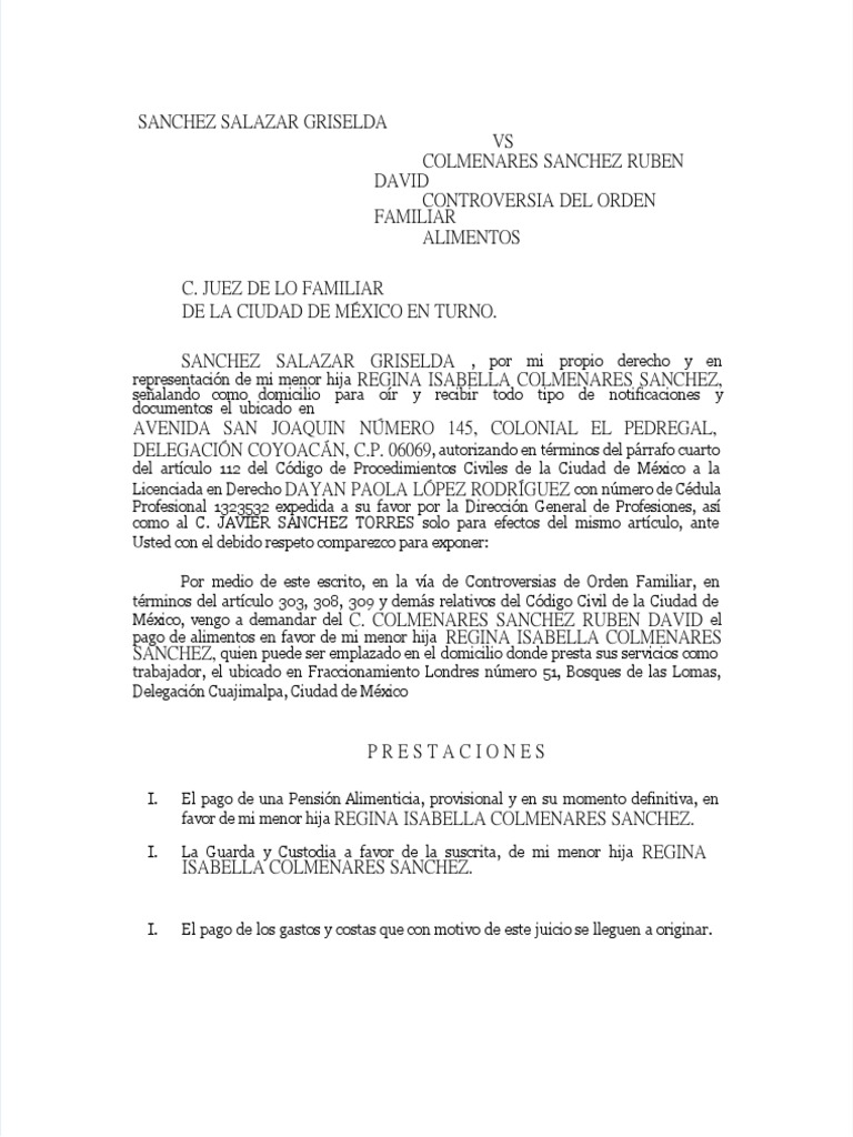 PDF Demanda de Alimentos Formato | PDF | Manutención de los hijos | Evidencia (ley)