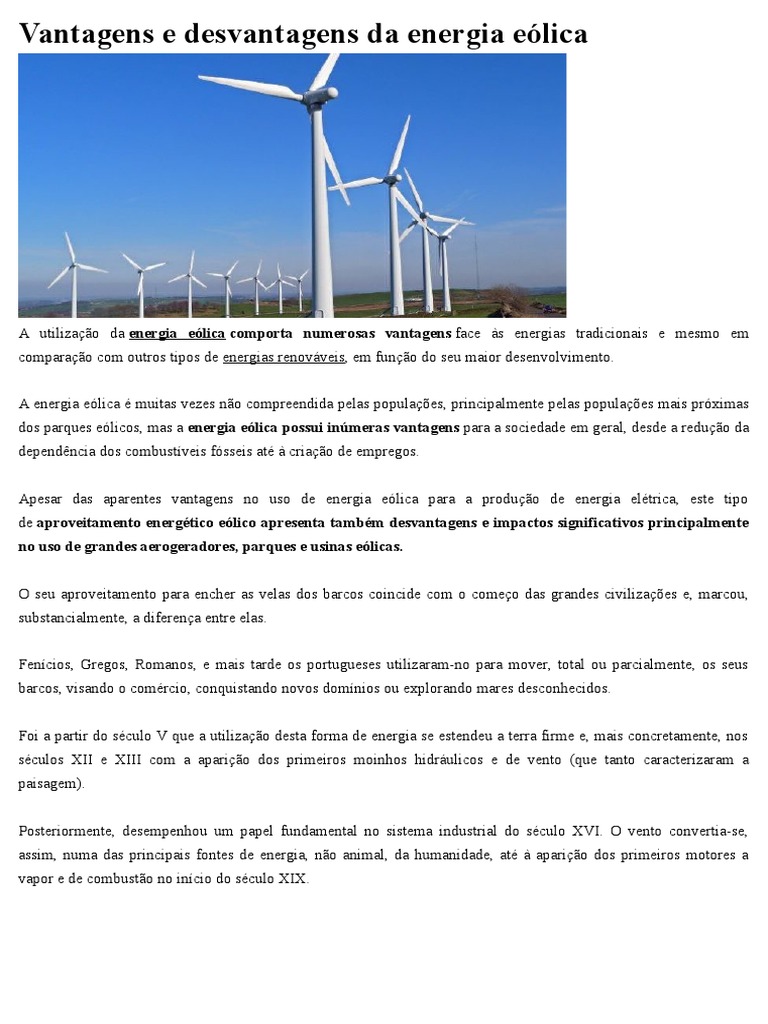 Vantagens e Desvantagens Da Energia Eólica | PDF | Tecnologia e Engenharia