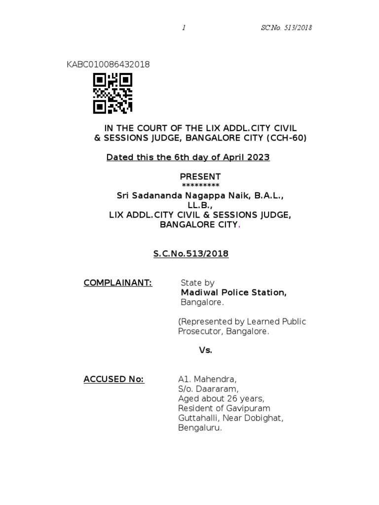 Court Judgment on Dacoity Case SC.No. 513/2018 | PDF | Social Science
