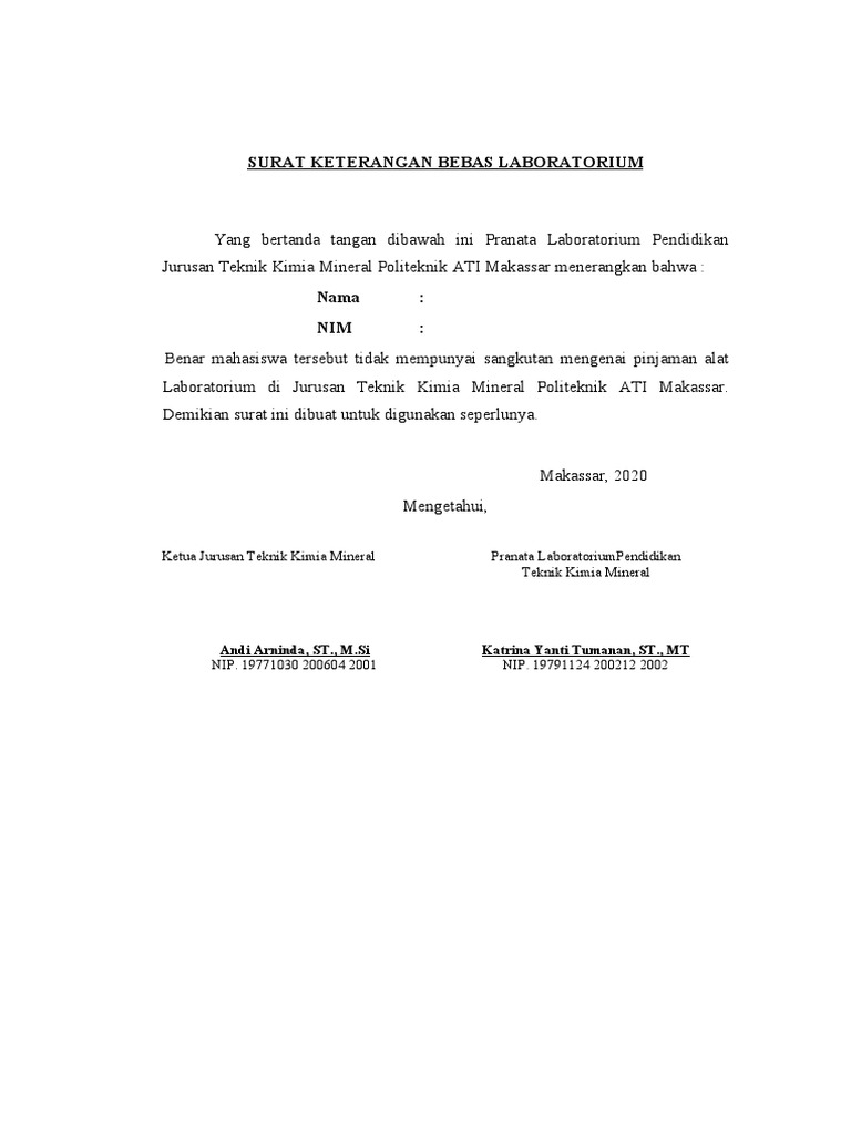 Surat Keterangan Bebas Laboratorium | PDF