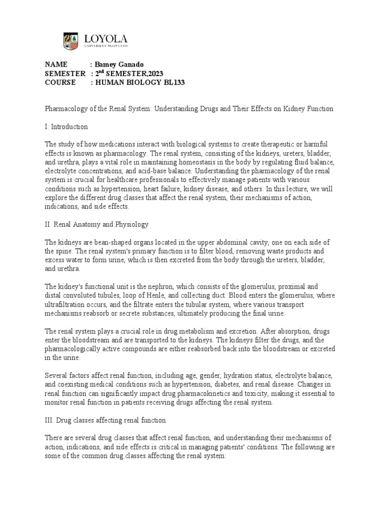 Pharmacology of The Renal System | PDF | Kidney | Physiology