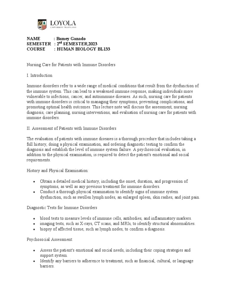 Nursing Care For Patients With Immune Disorders | PDF | Nursing ...