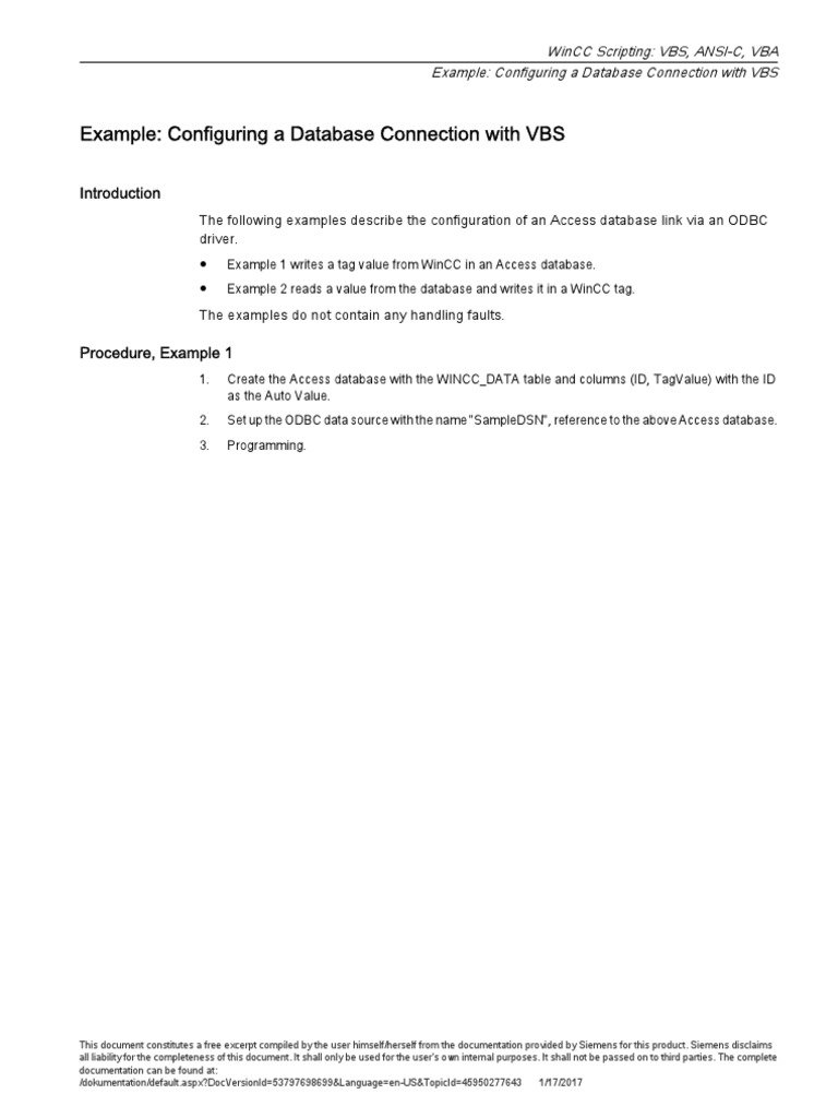 Example - Configuring A Database Connection With VBS | PDF | Databases | Data