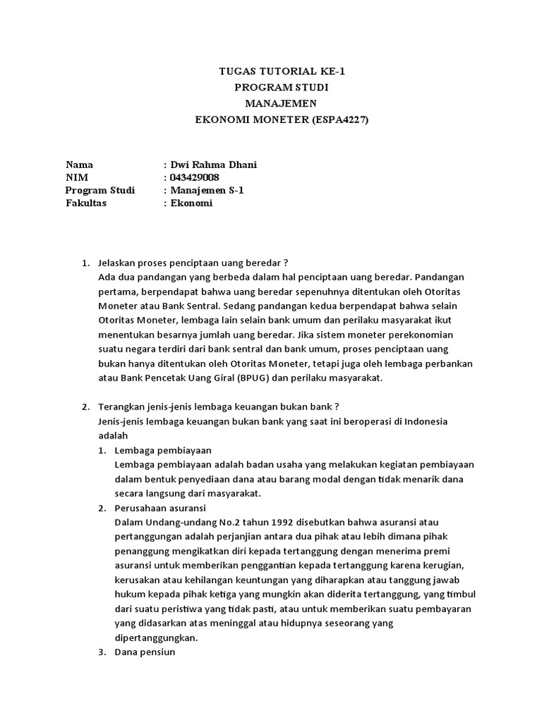 Tugas 1 Ekonomi Moneter SM4 | PDF