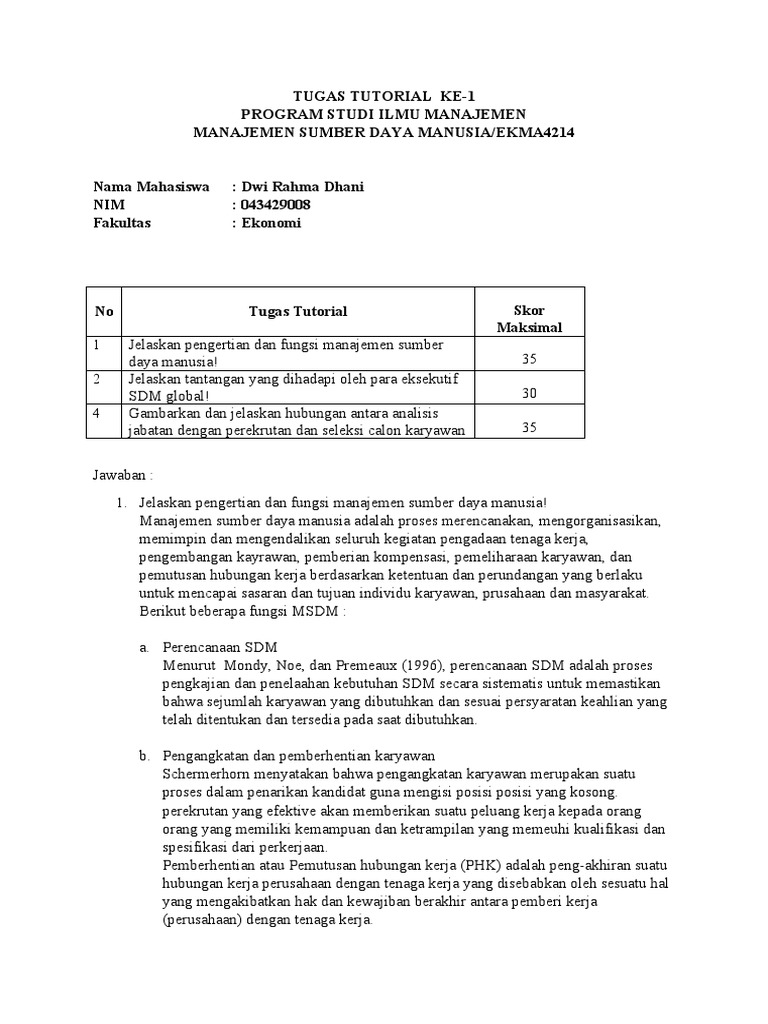 Tugas 1 Manajemen Sumber Daya Manusia SM4 | PDF | Bisnis