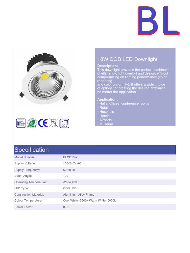 18W COB LED Downlight Specifications | PDF | Electric Power | Lighting