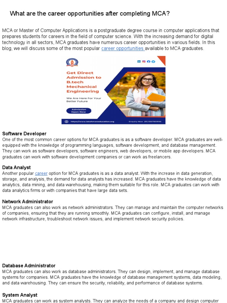 What Are The Career Opportunities After Completing MCA | PDF