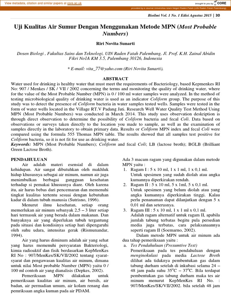 Uji Kualitas Air Sumur Dengan Menggunakan Metode MPN (Most Probable | PDF | Bacteria | Microbiology