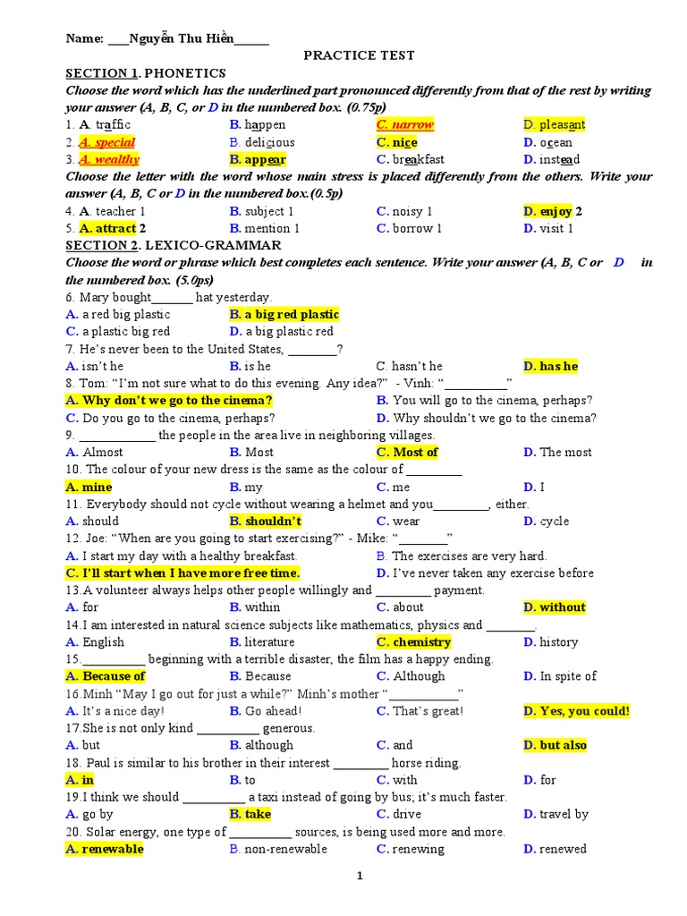 ANH 7 - no key - Hiền | PDF