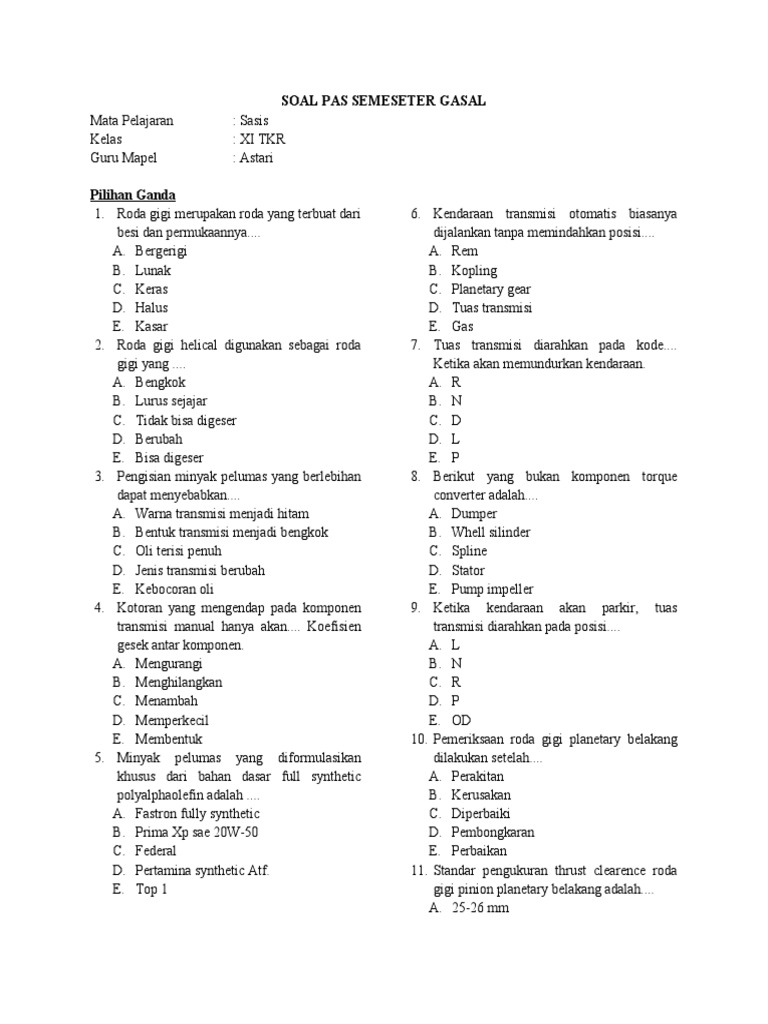 Soal Sasis Kelas 11 TKR | PDF