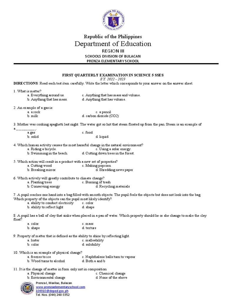 QE Science 5 SSES With TOS Answer Key | PDF