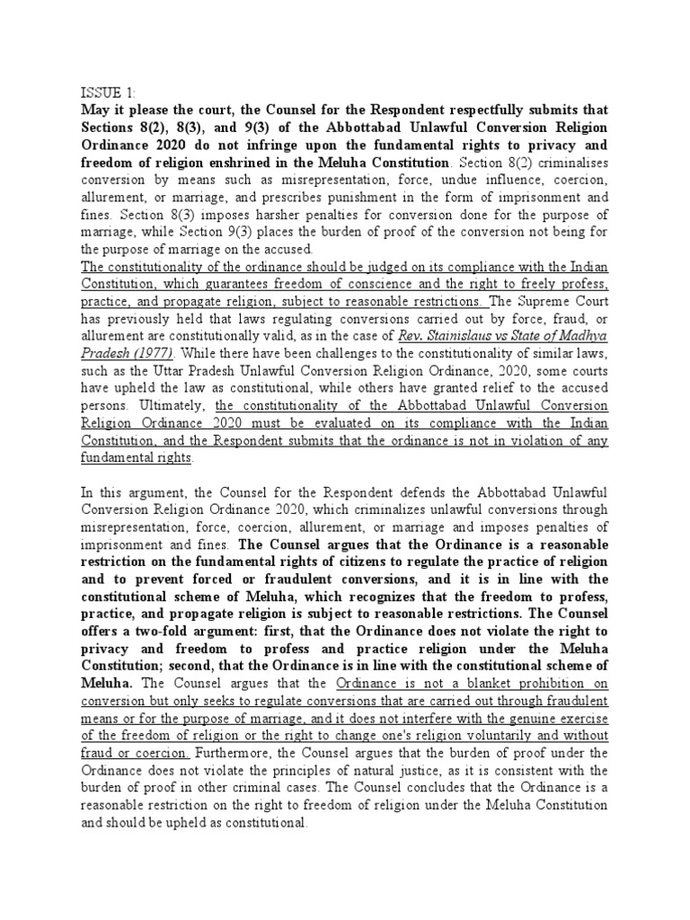 3rd MOOT ARGUMENTS | PDF | Freedom Of Religion | Crimes