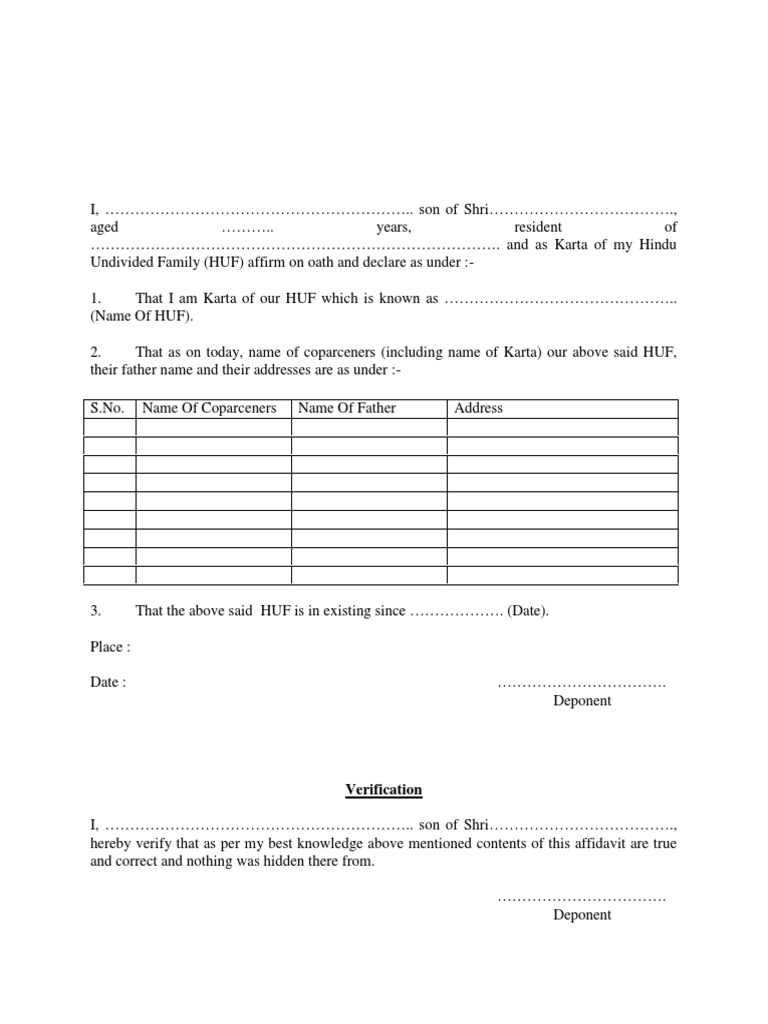 HUF Affidavit Format for Karta | PDF | Foreign Language Studies ...