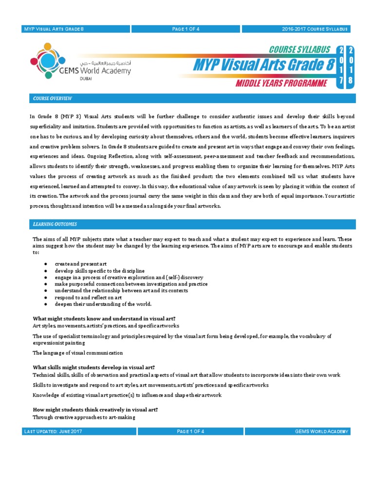 MYP Course Syllabus Visual Arts Grade 8 2017-2018 | PDF | Art