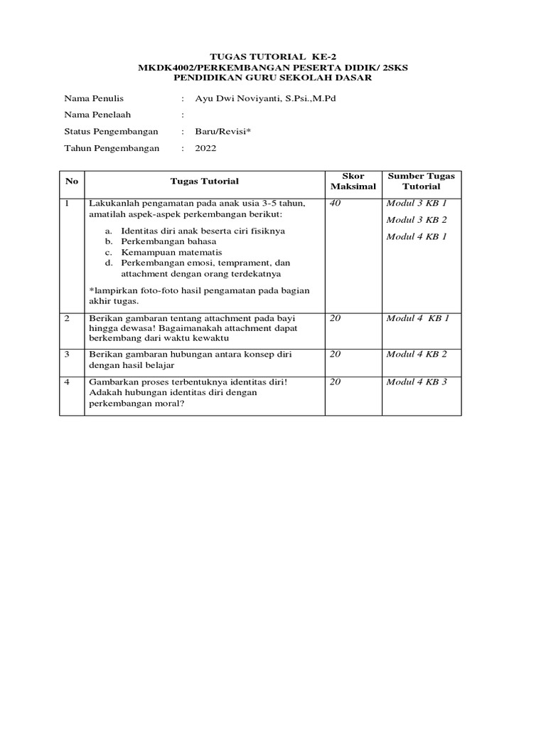 Tugas Tutorial Ke-2 Mkdk4002/Perkembangan Peserta Didik/ 2Sks Pendidikan Guru Sekolah Dasar ...