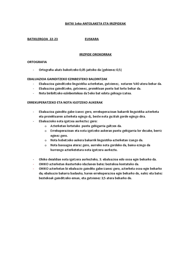 Ebaluazioko Irizpideak Batx 1 | PDF