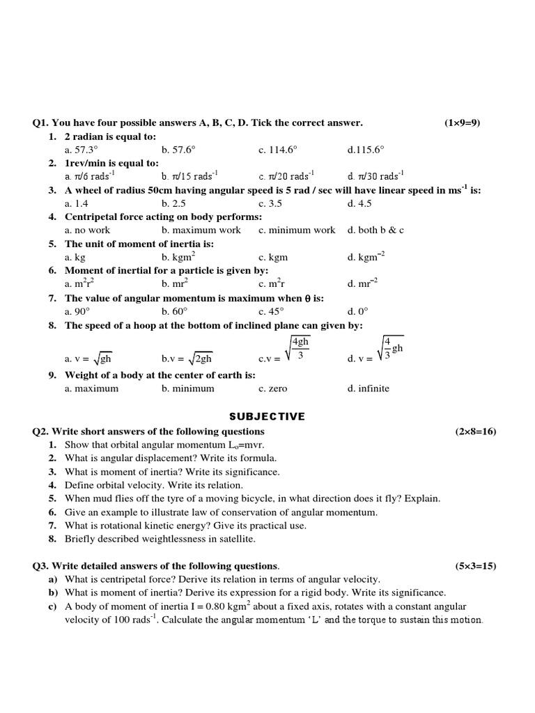 Mechanics Multiple Choice and Short Answer Questions | PDF | Torque | Angular Momentum