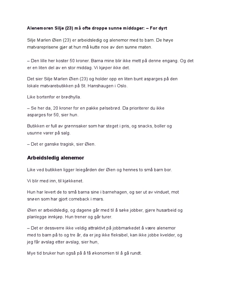 Alenemoren Silje (23) Må Ofte Droppe Sunne Middager - For Dyrt | PDF