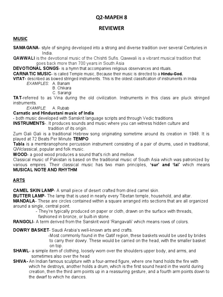 Q2 MAPEH 8 Music and Arts Review Guide | PDF | Religion & Spirituality