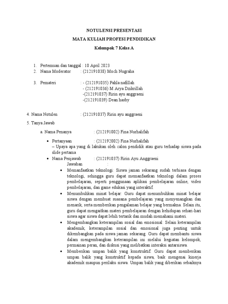FORM NOTULENSI Kel 7 Kelas A | PDF