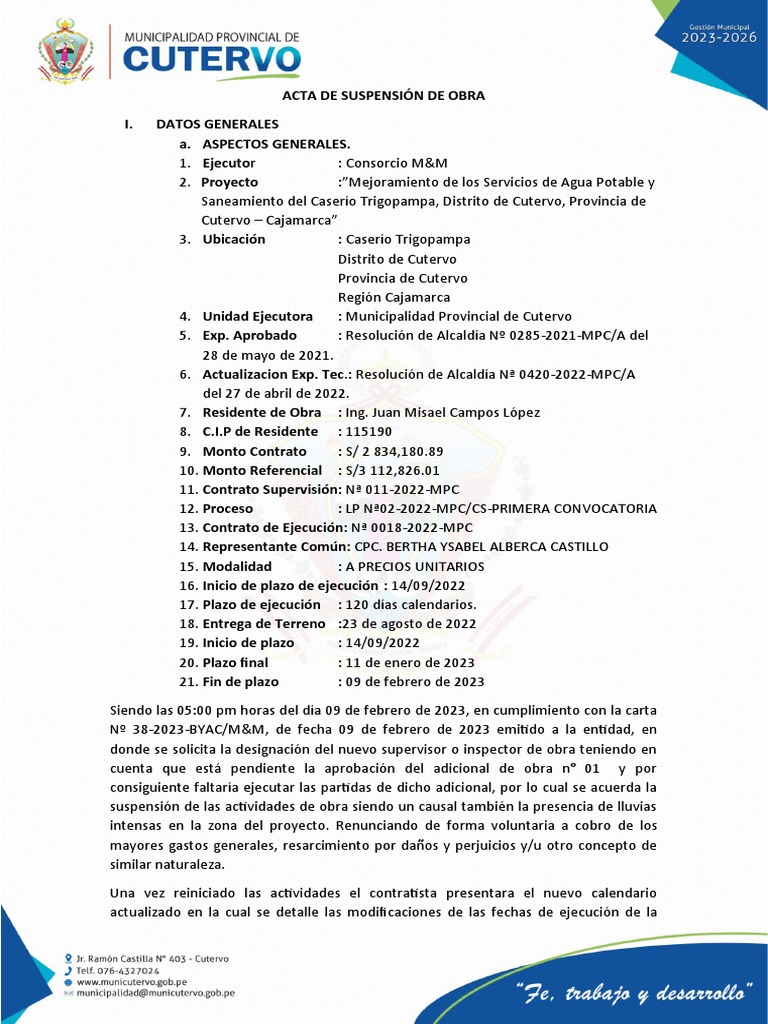 Acta de Suspensión de Obra | PDF Acta de Suspensión de Obra | PDF