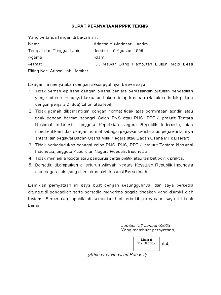 Surat Pernyataan Vinda | PDF | Hukum