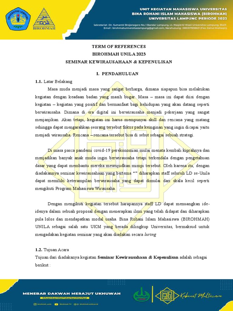 Tor Seminar Kewirausahaan & Kepenulisan PDF | PDF